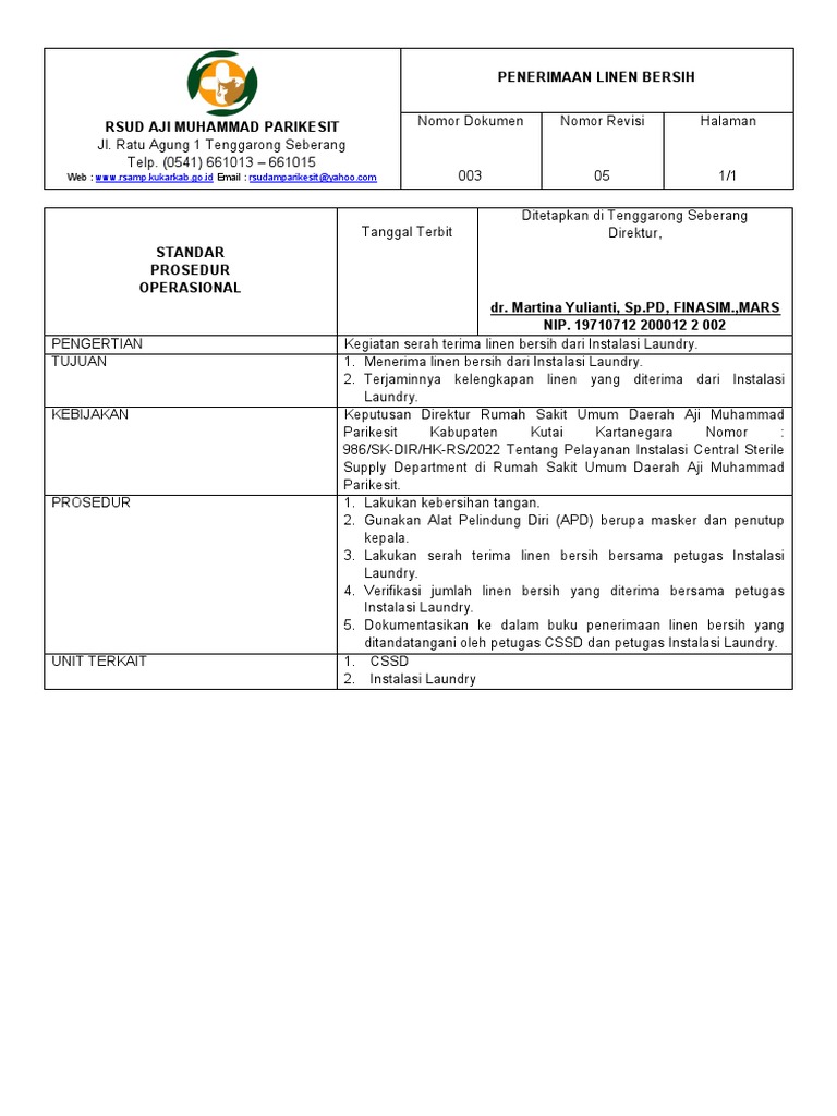 Spo Penerimaan Linen Bersih | PDF