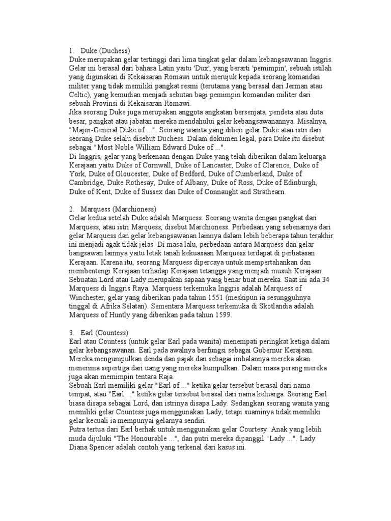 Arti Dan Tingkatan Gelar Bangsawan Kerajaan Inggris | PDF