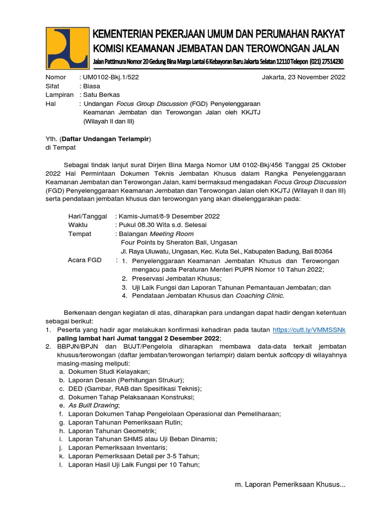 Undangan Focus Group Discussion (FGD) Penyelenggaraan Keamanan Jembatan ...