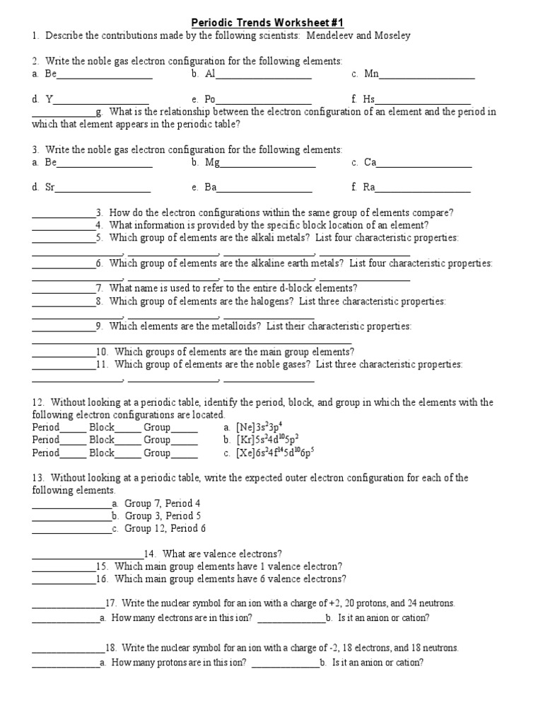 Periodic Table Trends Worksheet | PDF | Ion | Periodic Table