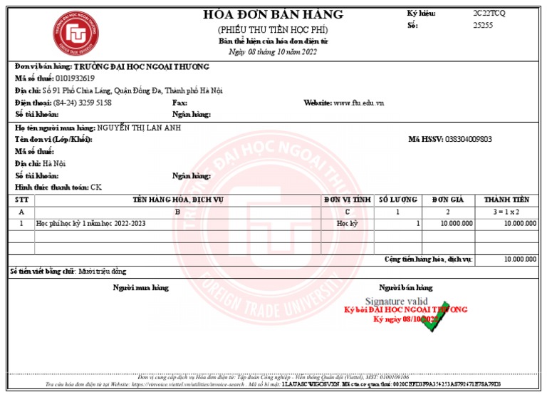 (Phiếu Thu Tiền Học Phí) : Ngày 08 tháng 10 năm 2022 | PDF