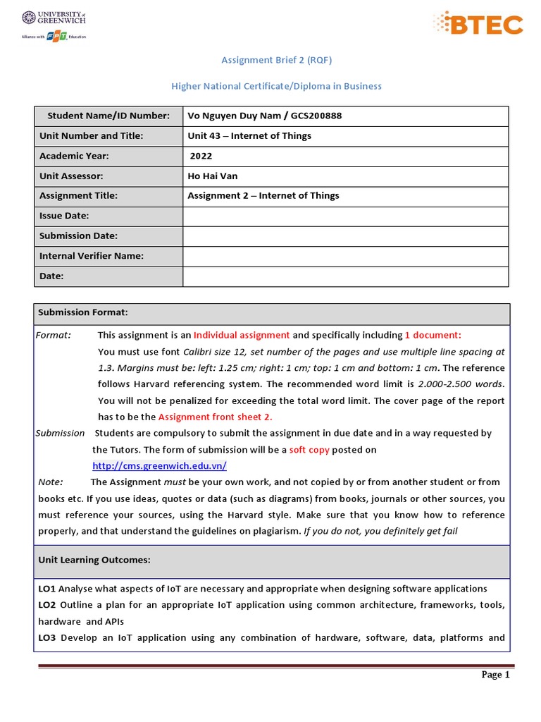 1 - 43-IoT - Vo Nguyen Duy Nam - GCS200888 - Assignment Brief 2 2022 | PDF | Internet Of Things ...