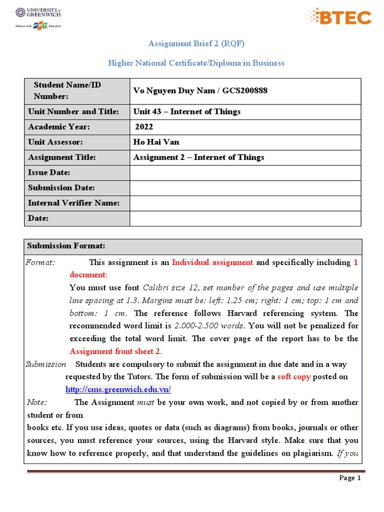 1690 - GCS200888 - Vo Nguyen Duy Nam - Assignment Brief 2 PDF | Download Free PDF | Internet Of ...
