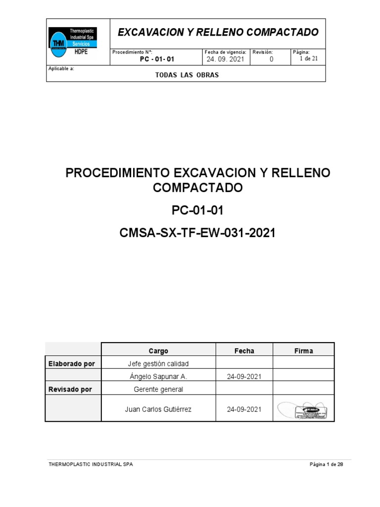 PC-01-01 Excavación Relleno y Compactado Rev. 0 | PDF | Protector solar | Topografía