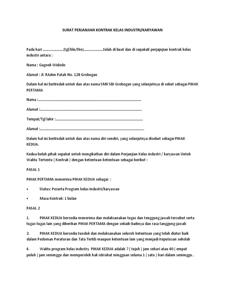 SURAT PERJANJIAN KONTRAK KELAS INDUSTRI | PDF
