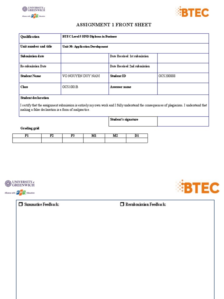 1 - Unit 30 - Assignment 1 Frontsheet - VO NGUYEN DUY NAM - GCS200888 | PDF