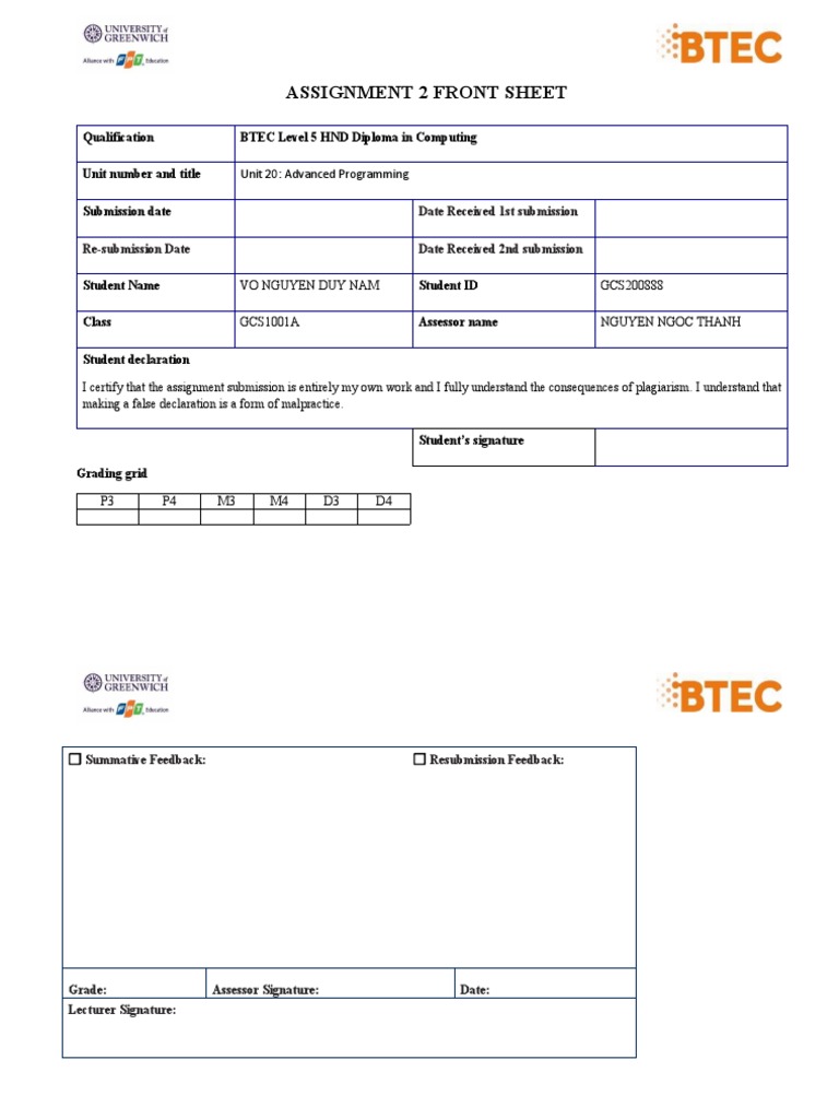 Unit 20 - Assignment 2 frontsheet.docx | PDF