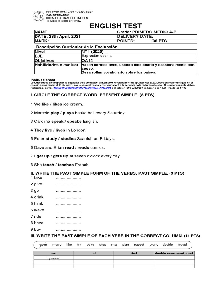 Prueba N°1 Inglés 1° Medio | PDF