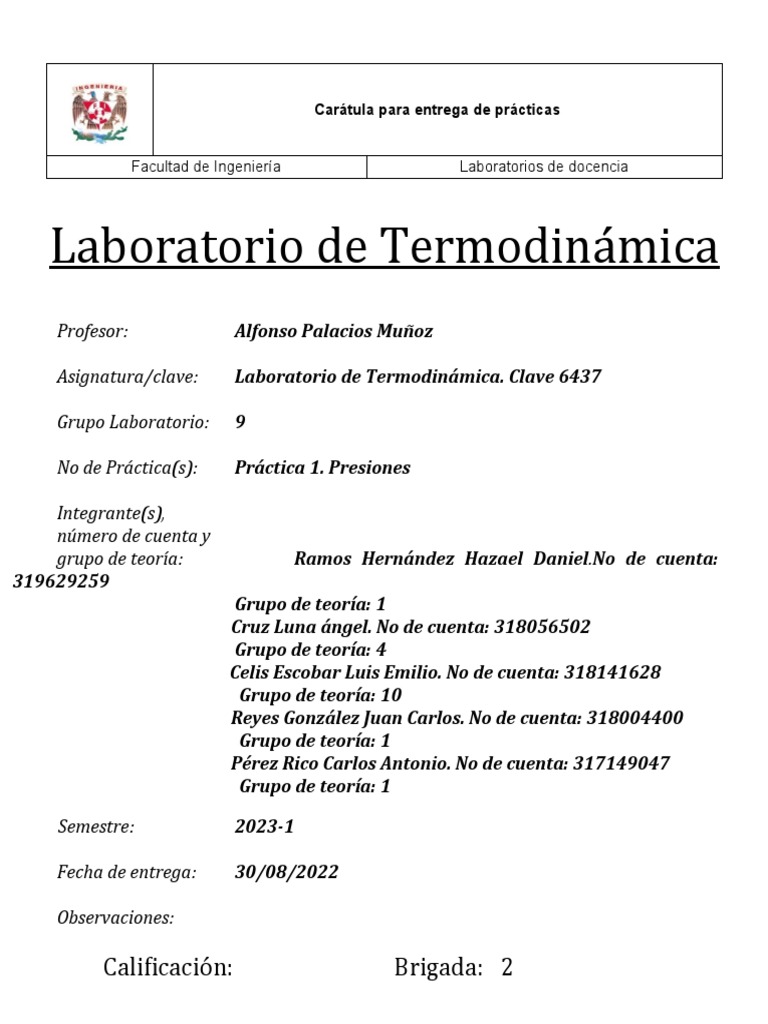 Carátula para Entrega de Prácticas Lab. Termodinámica | Descargar gratis PDF | Presión | Pascal ...
