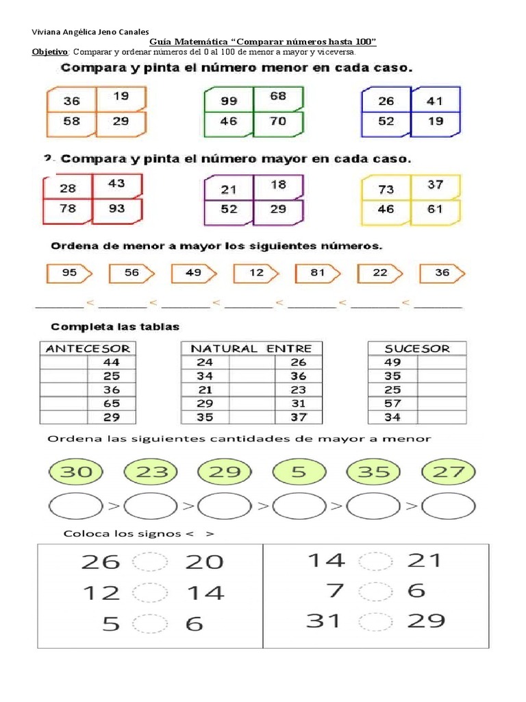 Guía Matemática Comparar o Ordenar Numeros Hasta 100 | PDF | Relaciones ...