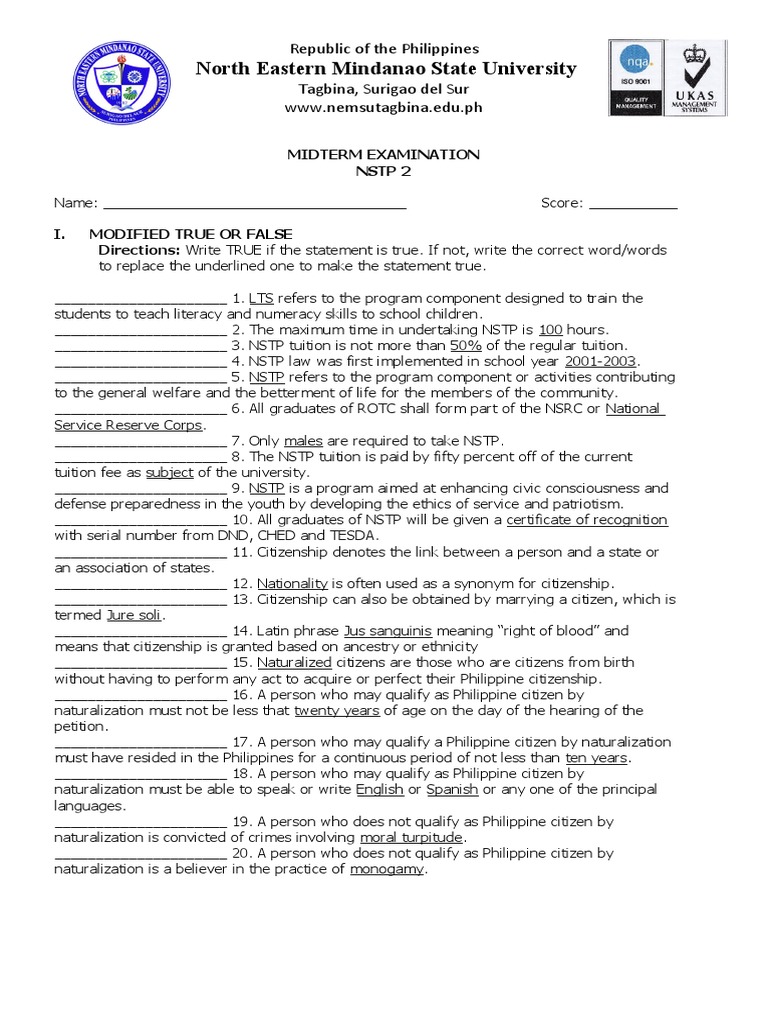 NSTP 2 Midterm Exam March 2023 | PDF | Naturalization | Citizenship