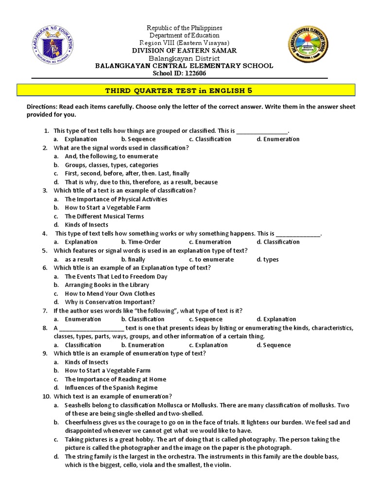 English 5 Third Quarter Test Guide | PDF | Statistics | Evidence