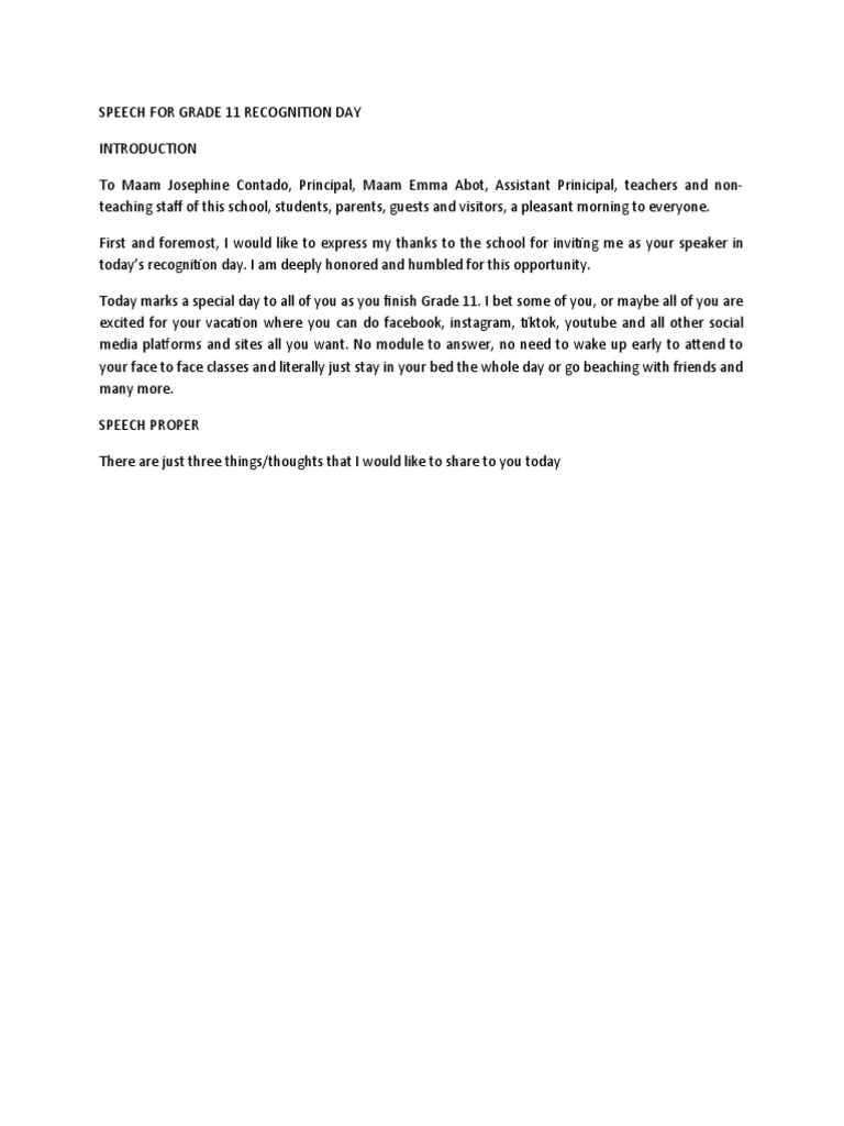 Speech For Grade 11 Recognition Day | PDF
