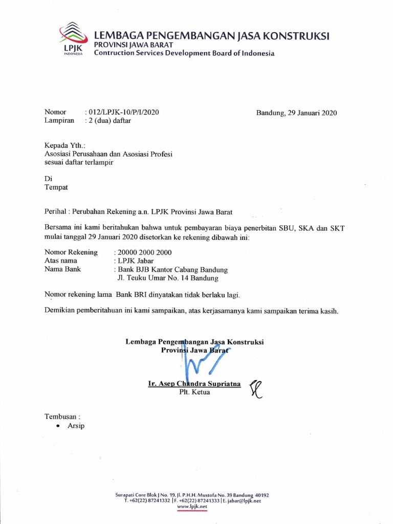 012 - Surat Pemberitahuan Perubahan Rekening LPJKP Jabar | PDF