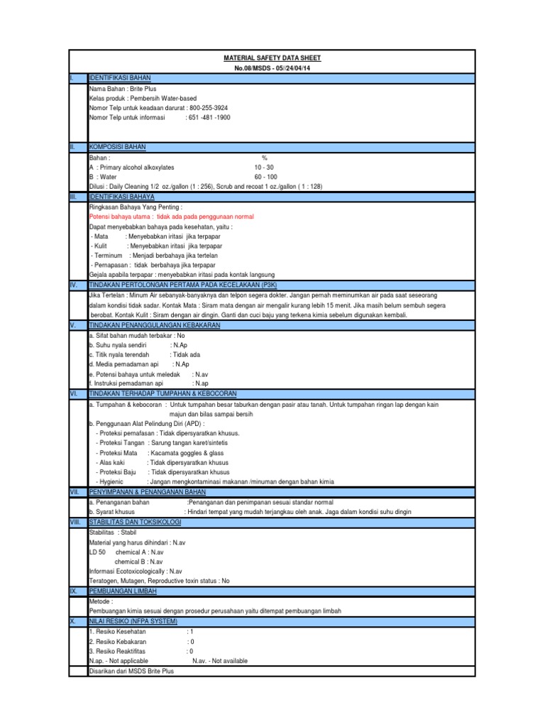 MSDS Brite Plus: Informasi Keselamatan | PDF