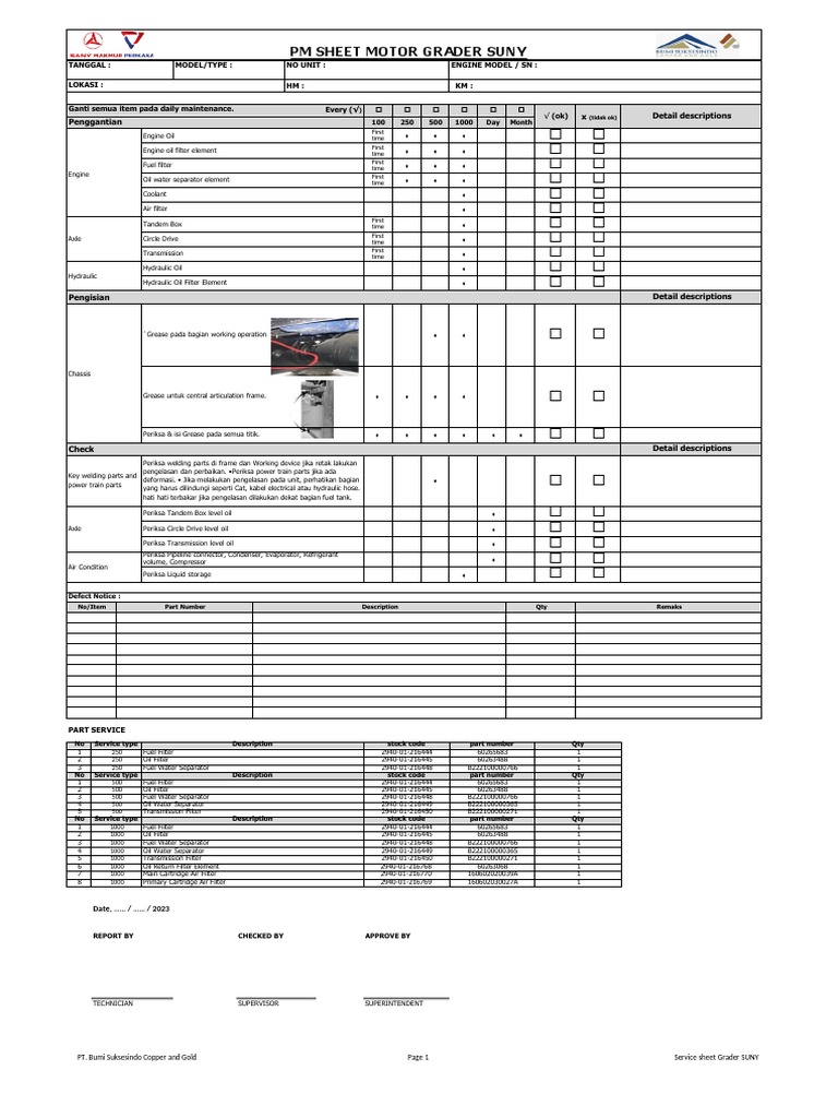 PM SERVICE Grader Suny PM Service Sheet INTERVAL PM STG-3 | PDF | Mechanical Engineering | Liquids