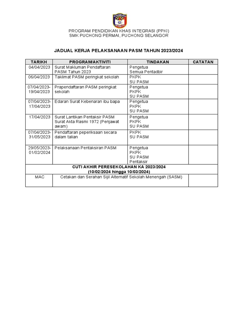 Jadual Tugas PASM 2023 | PDF
