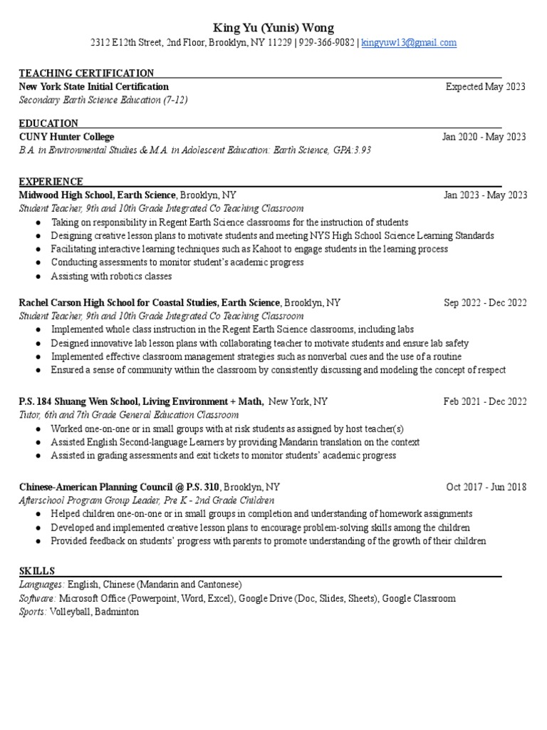 King Yu Yunis Wong Resume | PDF