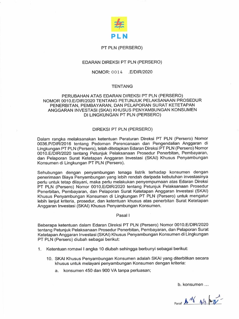 0014.E - DIR - 2020 - Perubahan Atas Edaran Dir PLN No. 0010 PDF | PDF