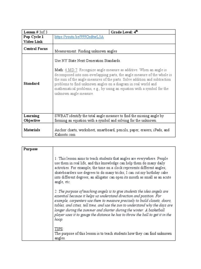 Lessonplan Angles | PDF | Educational Assessment | Angle