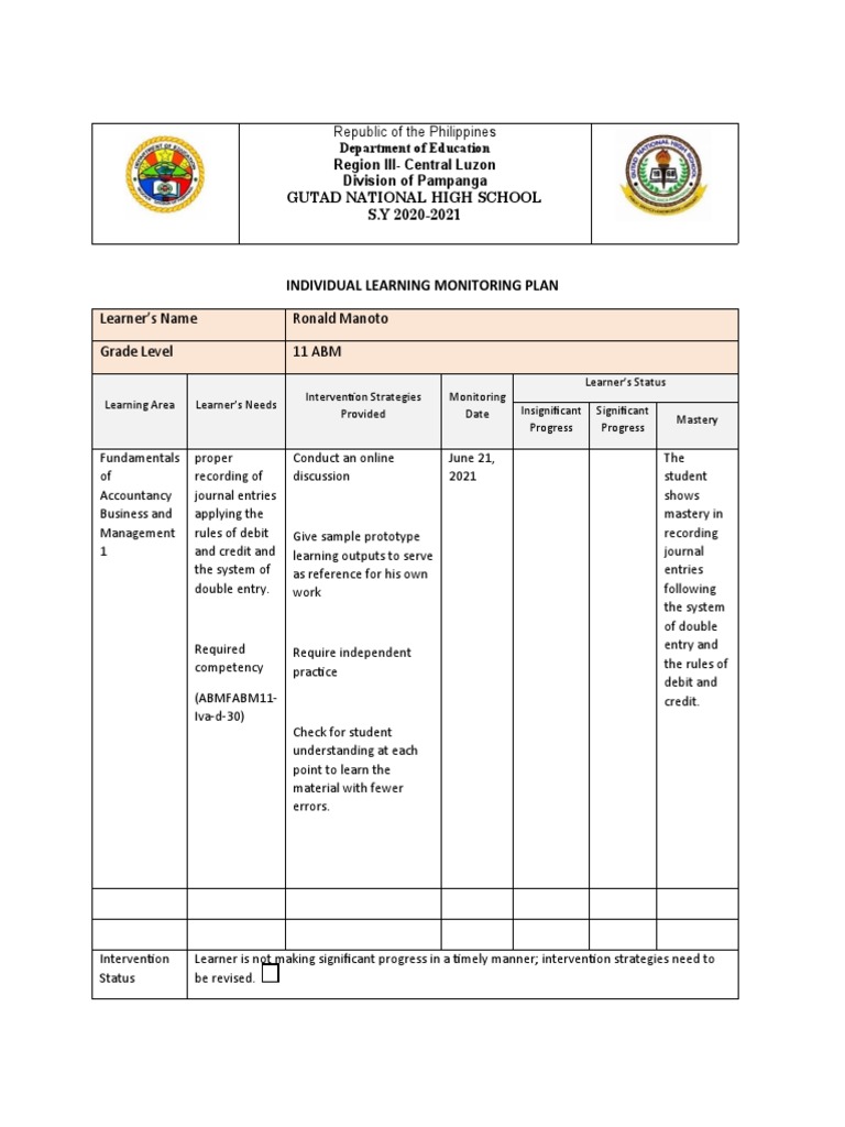 Individual Learning Monitoring Plan | PDF | Learning | Behavior ...