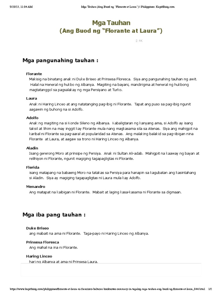 Mga Tauhan (Ang Buod NG "Florante at Laura") - Philippines | PDF