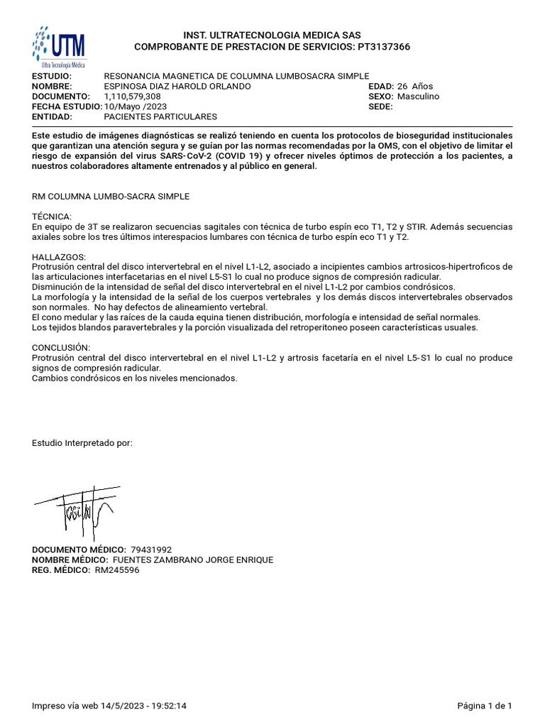 Inst. Ultratecnologia Medica Sas Comprobante de Prestacion de Servicios ...