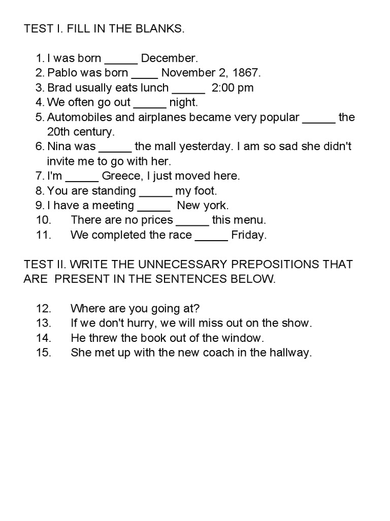 Prepositions Quiz | PDF