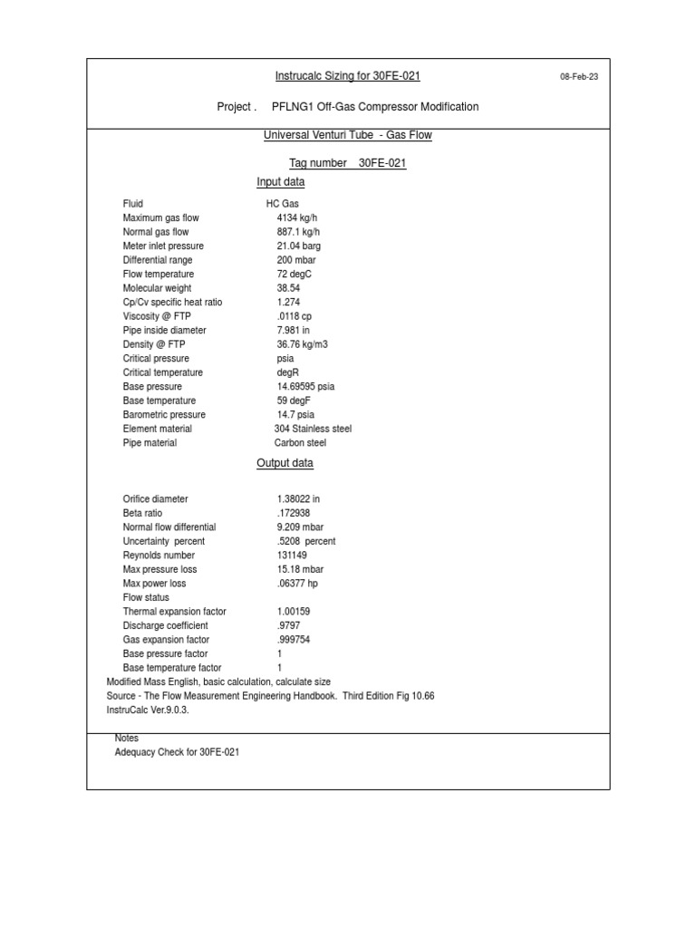 InstruCalc Flow Element Sizing 30FE-021 | PDF