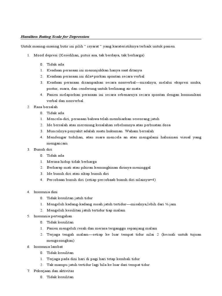 Hamilton Rating Scale For Depression | PDF