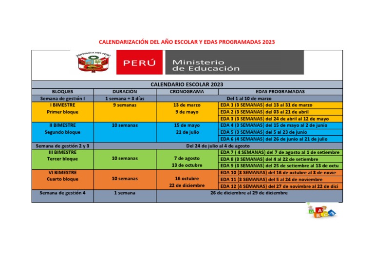 Calendarización Del Año Escolar y Edas Programadas 2023 | PDF