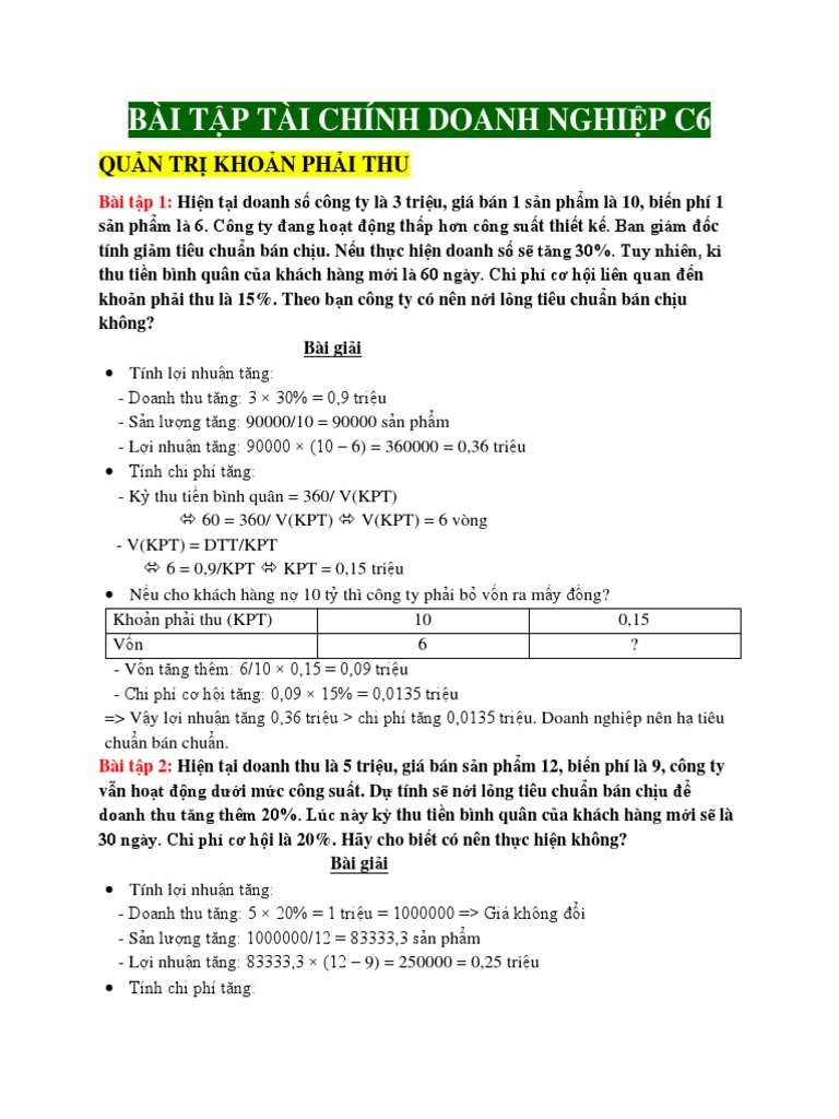BÀI TẬP TÀI CHÍNH DOANH NGHIỆP C6 | PDF