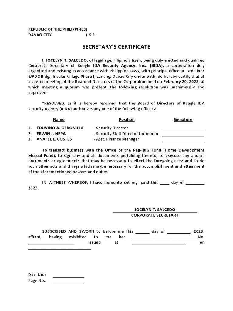 Secretary Cert HDMF Signatory 2023 | PDF | Justice | Crime & Violence