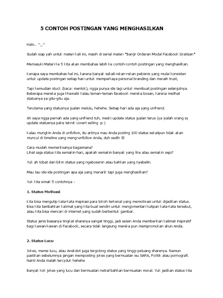 5) 5 Contoh Postingan Di Facebook Yang Menghasilkan | PDF