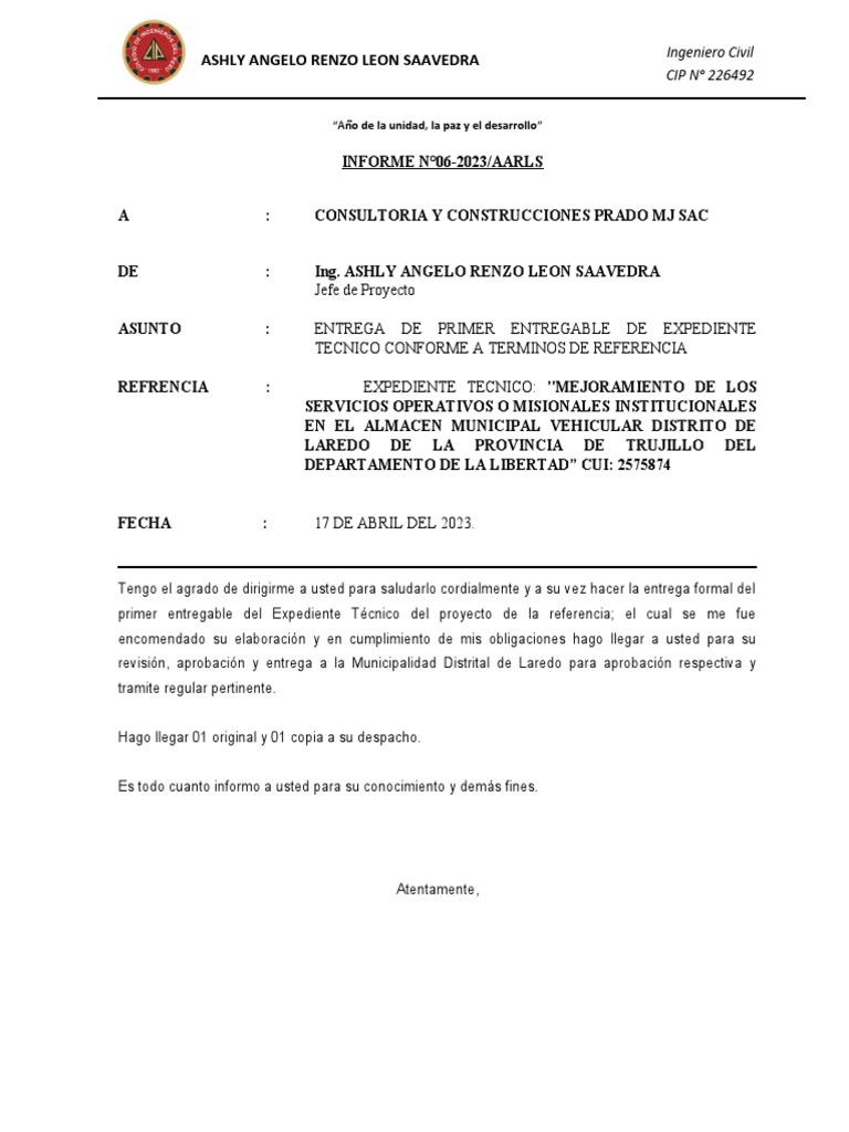 INFORME #06 ANGELO LEÓN-1er Entre. Alm. Vehicular | PDF