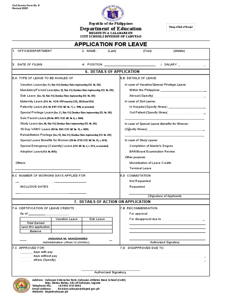 CSC Form 6 Application For Leave Fillable | PDF