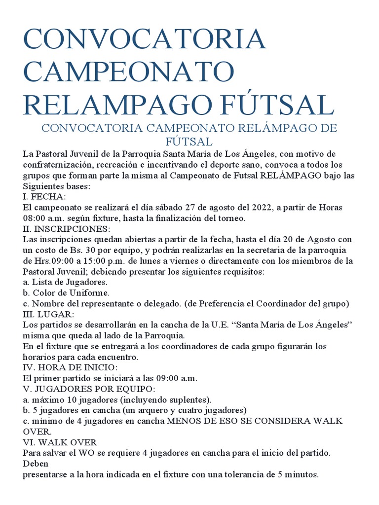 CONVOCATORIA CAMPEONATO RELAMPAGO FÚTSAL.docx | PDF | Deportes ...