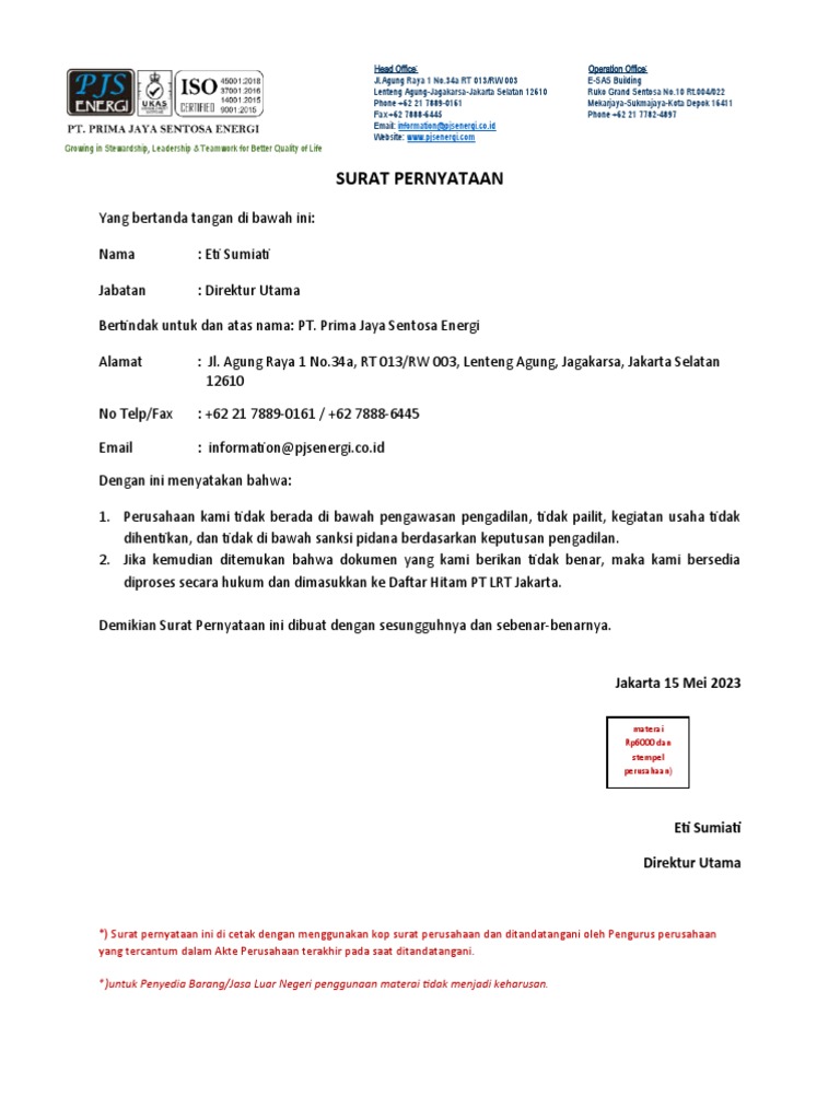 Surat Pernyataan Legalitas Perusahaan | PDF