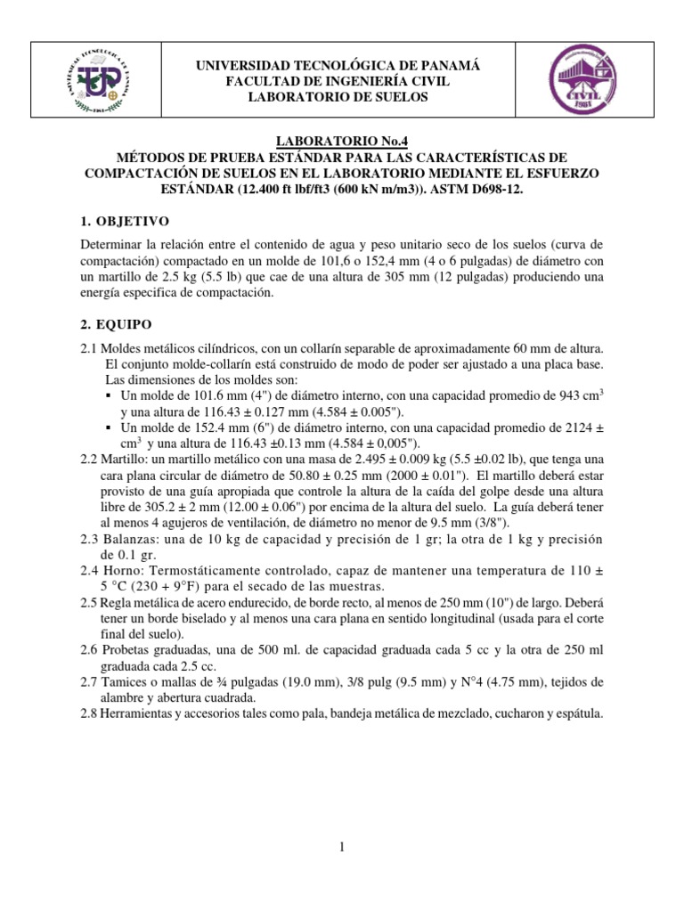 Método Proctor Estándar ASTM D698 | PDF | Metrología | Naturaleza