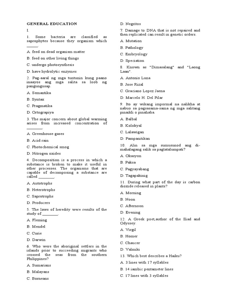General Education With Answer Key | PDF | Philippines