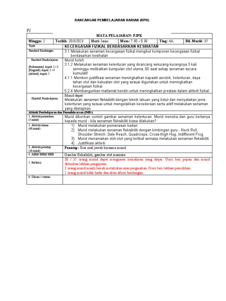 Contoh RPH PJK | PDF