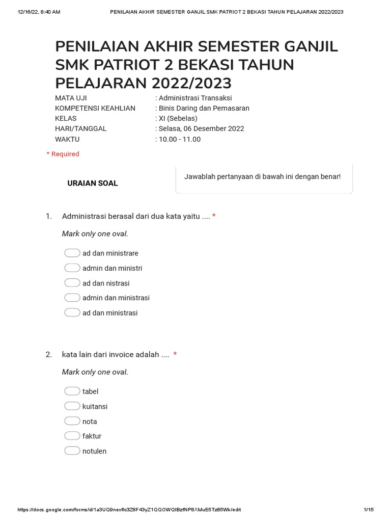 ADM. Transaksi Kelas XI - Google Forms | PDF