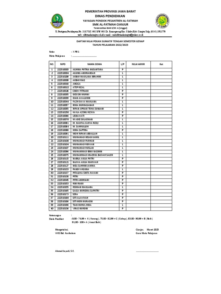 Daftar Nilai PTS GENAP 2023 | PDF