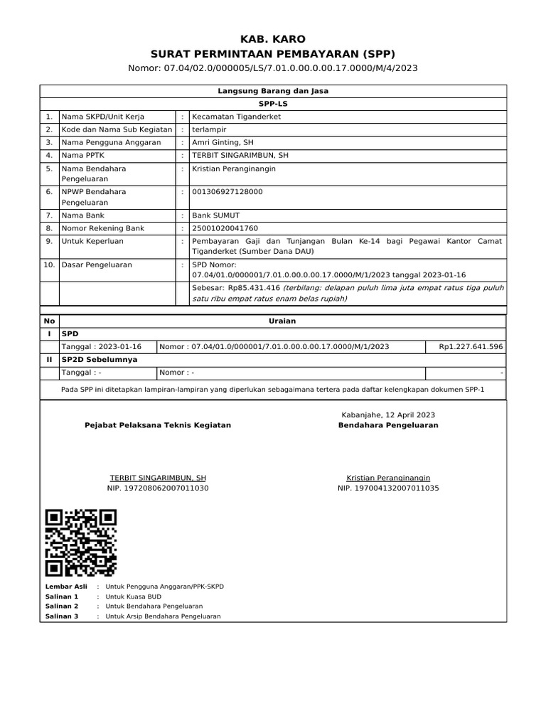 Kab. Karo Surat Permintaan Pembayaran (SPP) : Nomor: 07.04/02.0/000005/LS/7.01.0.00.0.00.17.0000 ...
