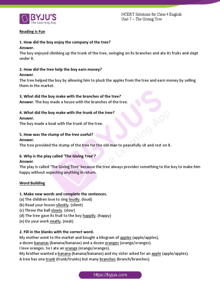 NCERT-Solutions-for-Class-4-English-Unit-7-The-Giving-Tree | PDF | Plants