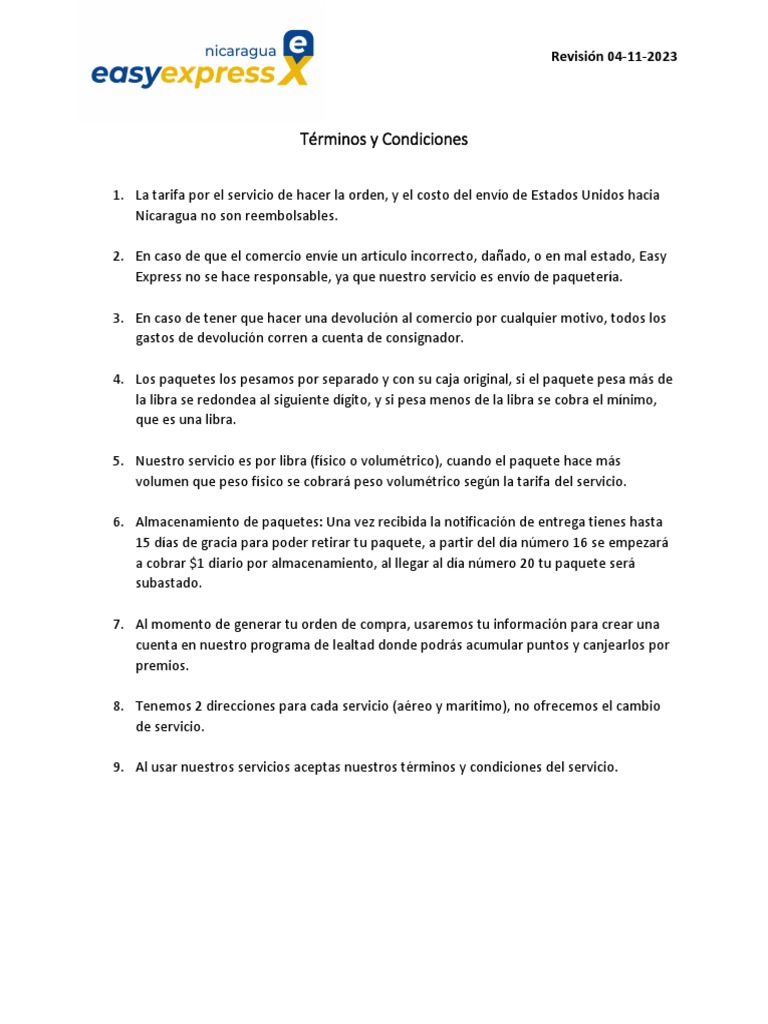 Términos y Condiciones - Easy Express Nicaragua - Nosotros | PDF