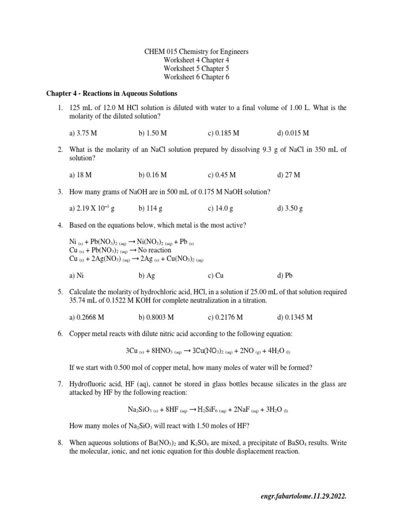 Chemistry Worksheets for Engineers | PDF | Gases | Mole (Unit)