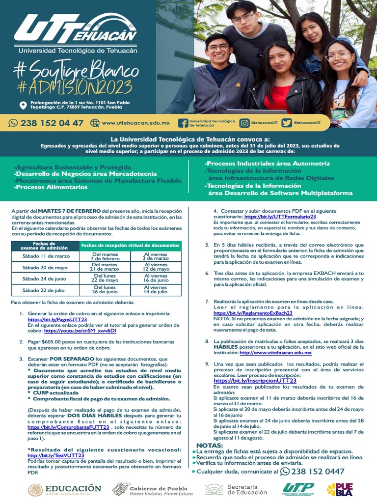 Convocatoria Admisión UTT 2023 | PDF