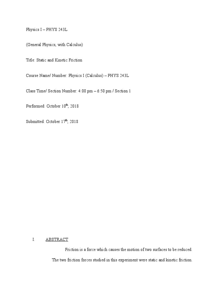 Lab Report Static and Kinetic Friction | PDF