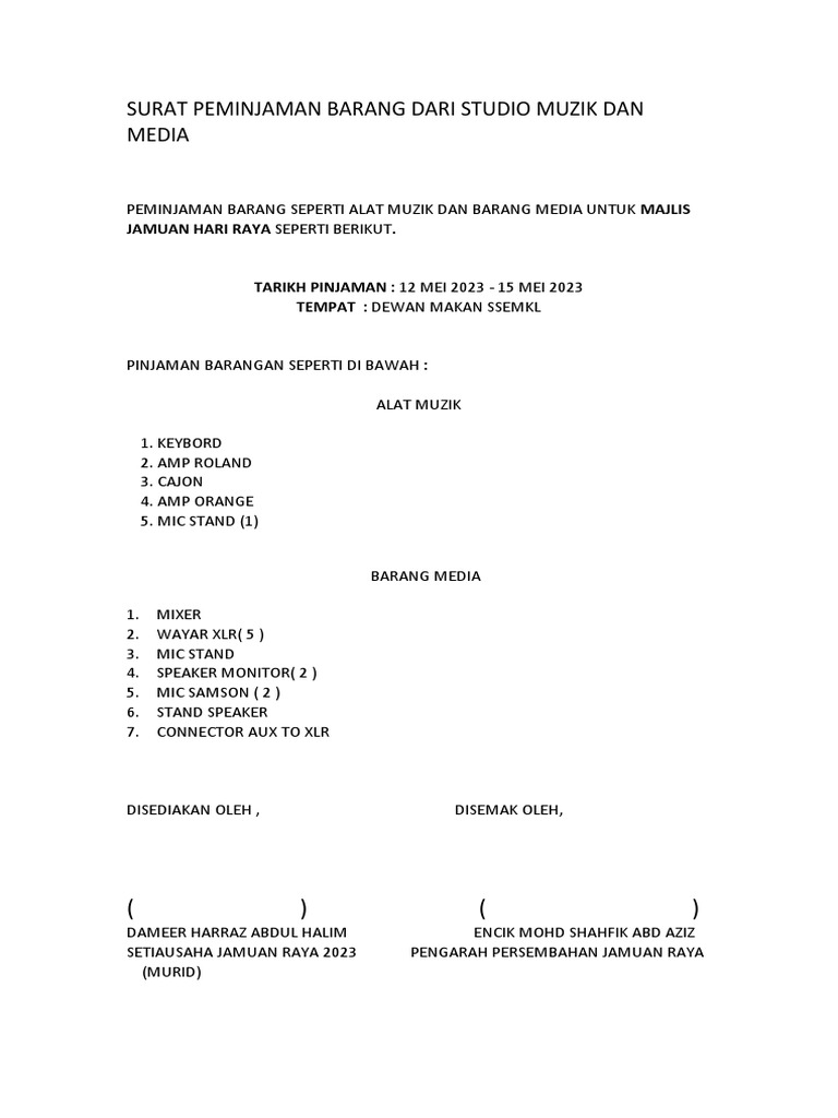 Surat Peminjaman Barang Dari Studio Muzik Dan Medi | PDF | Perjalanan ...